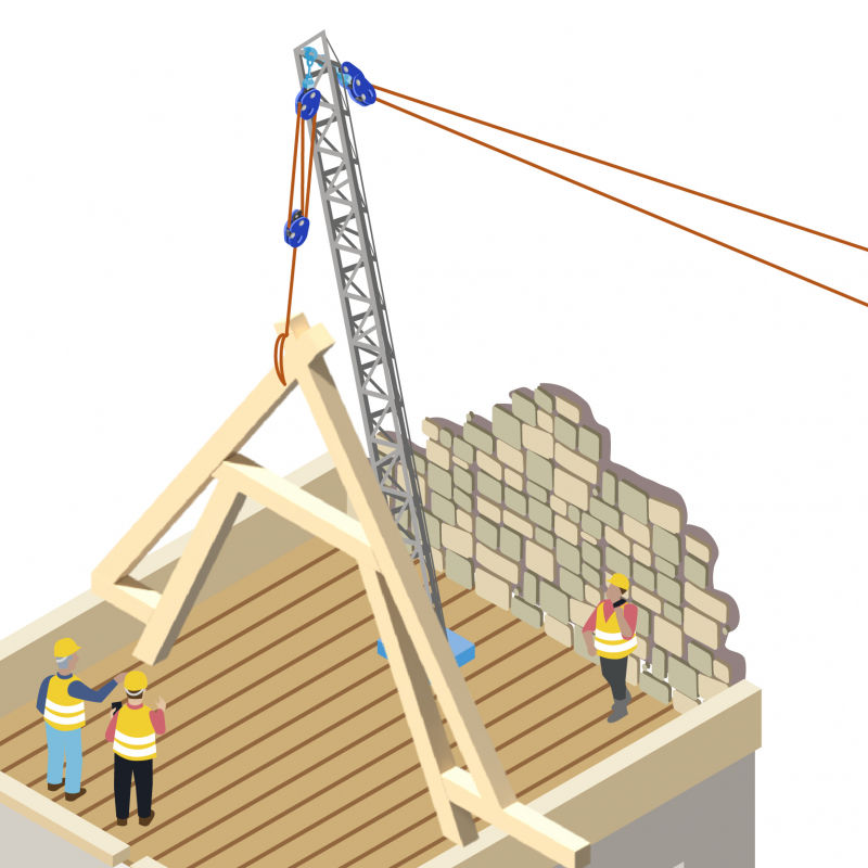 Placer les éléments de charpente grâce à un mât de levage manuel sur les chantiers difficiles d ...